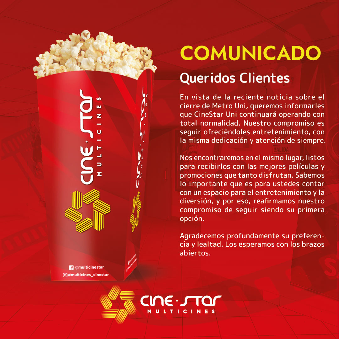 ¿CineStar UNI dejará de funcionar tras el cierre del supermercado Metro? Esto dijo la cadena ...